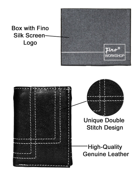 Fino DWS-822 Stitched Genuine Leather Slim Compact Trifold Wallet with